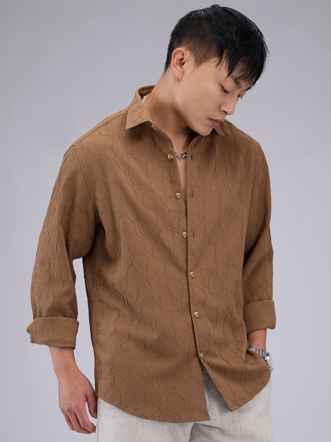Coffee Brown Crumpled Textured Shirt Coffee Brown Crumpled Textured Shirt